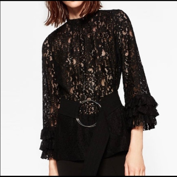 Zara | Tops | Zara Black Lace Ruffle Sleeve Sheer Blouse S | Poshmark